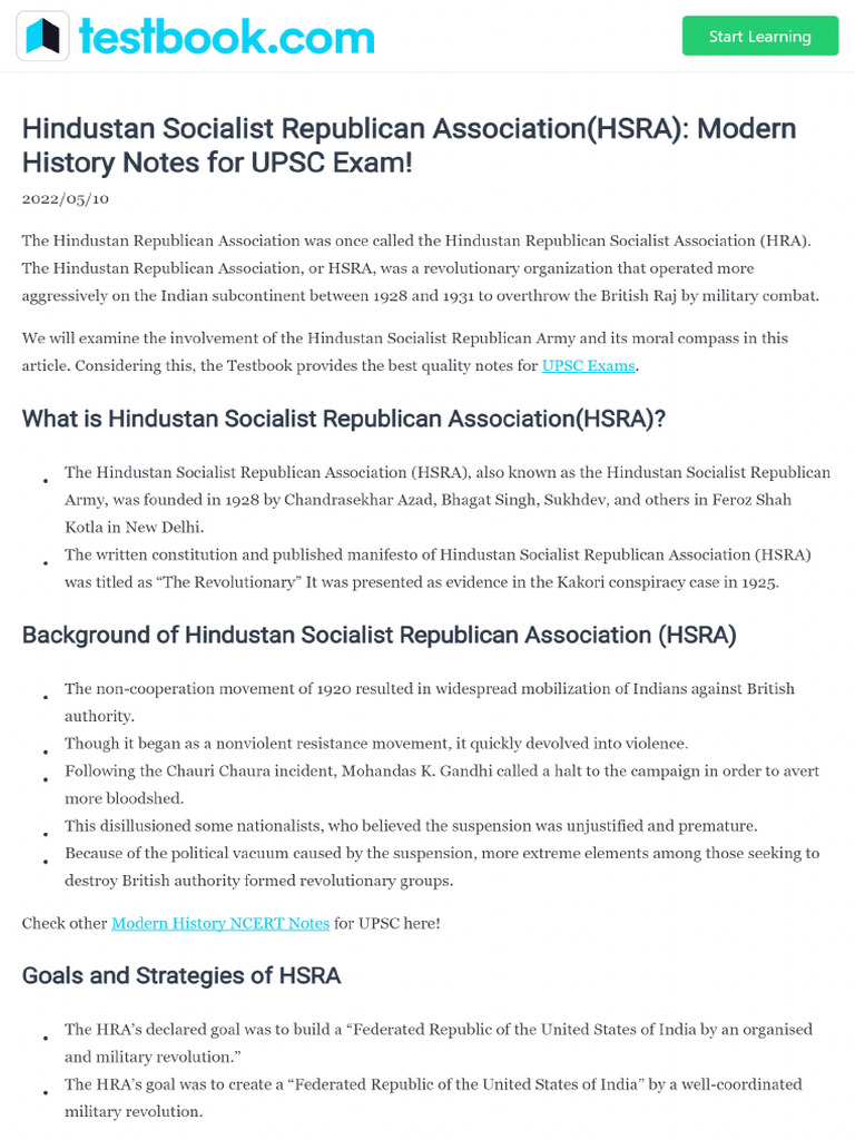 Hindustan Socialist Republican Association Hsra F8bdecac | PDF