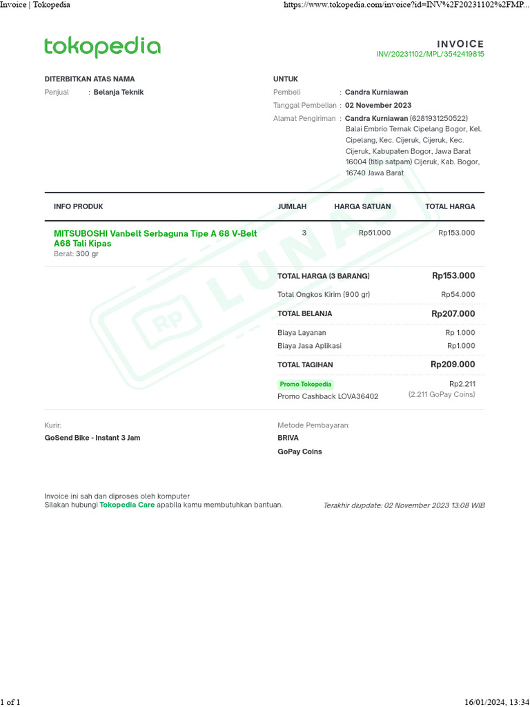 Belanja Teknik: Invoice Tokopedia 3 Jam | PDF