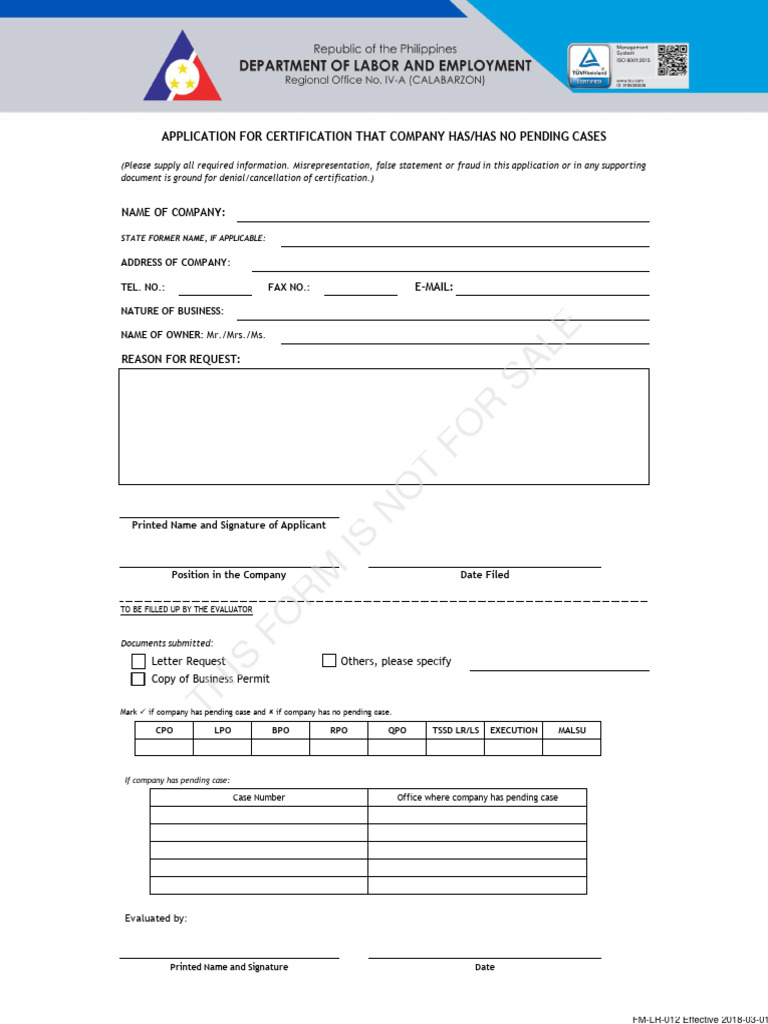 Dole No Pending Case Certification Form | PDF