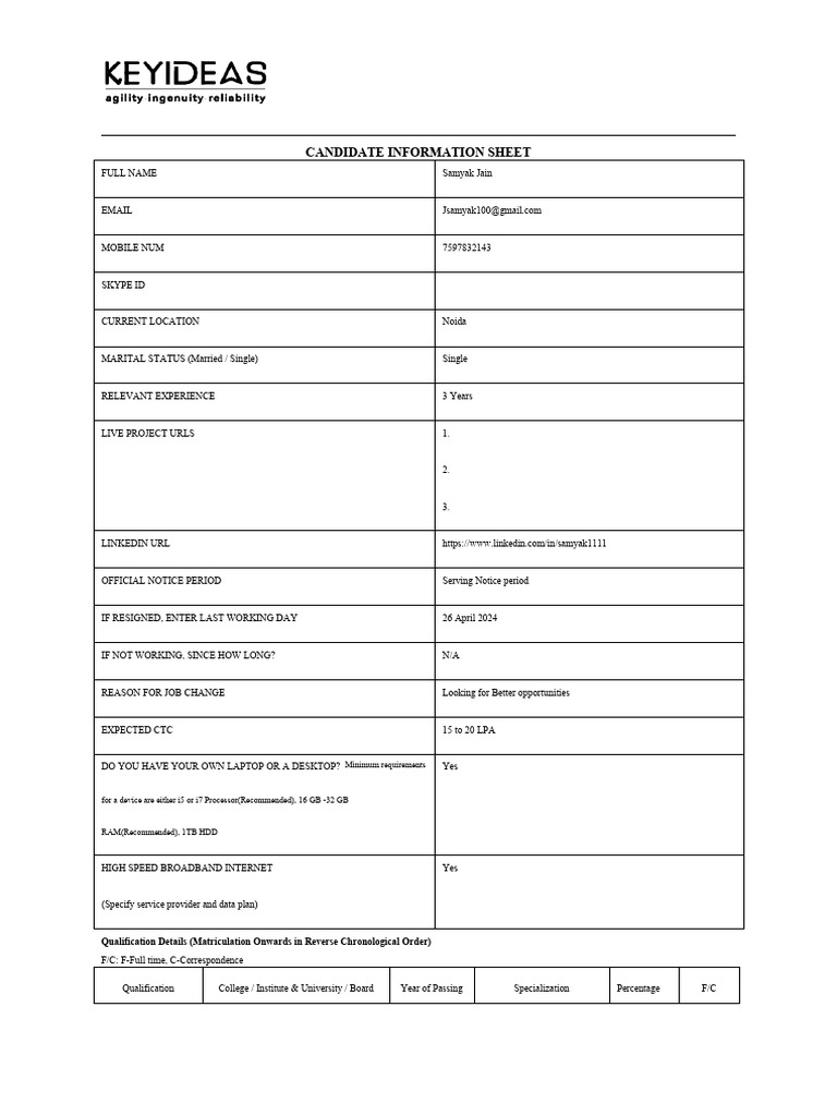 Candidate Information Sheet - Net | PDF | Computing | Computer Hardware