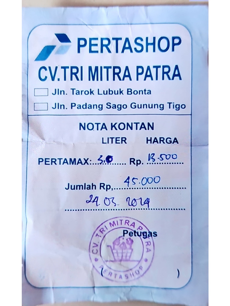 24-03-2024 - 4 Nota PERTASHOP (3.0 LTR Pertamax BBM Op Silvan K3) TGL | PDF
