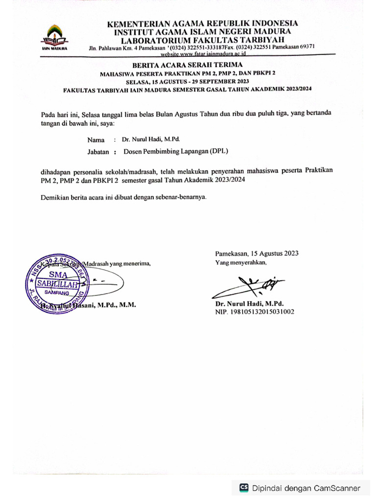 Berita Acara Serah Terima PPL Sma Sabilillah | PDF