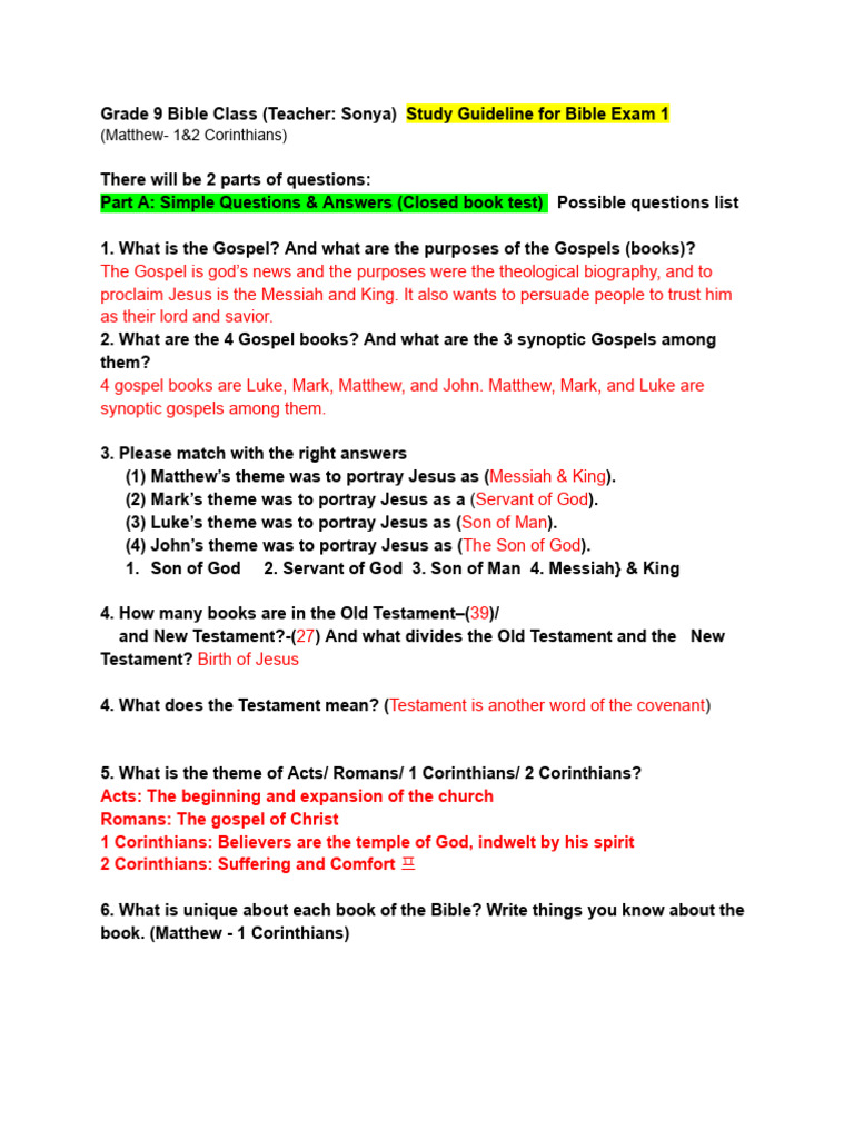 (Updated) 2024 Spring Bible Exam 1 Study Guidelines | PDF | Jesus ...