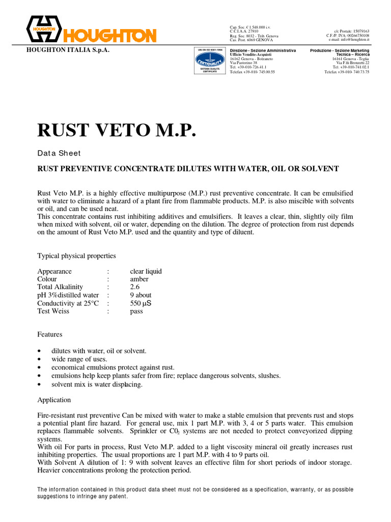 Rust Veto MP | PDF | Water | Solvent