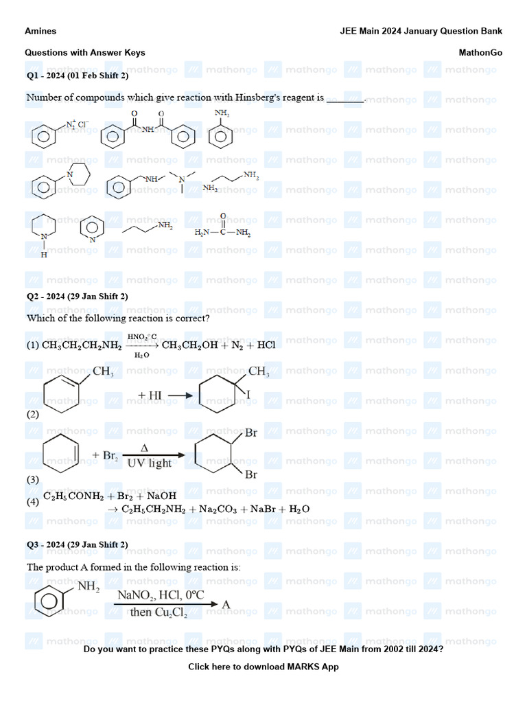 JEE Main 2024 Amines Question Bank | PDF | Amine | Molecules