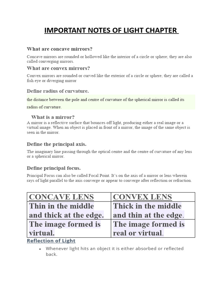 Important Notes of Light Chapter | PDF