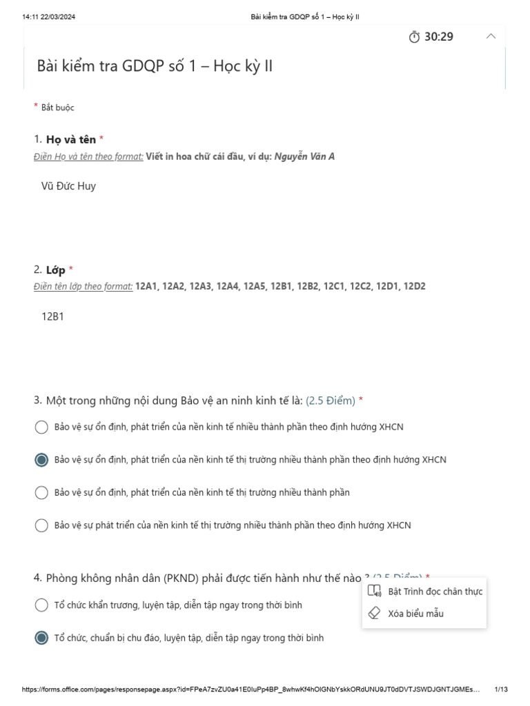 Bài kiểm tra GDQP số 1 - Học kỳ II | PDF