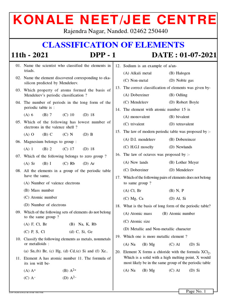 Periodic Classification of Elements Quiz | PDF | Periodic Table ...