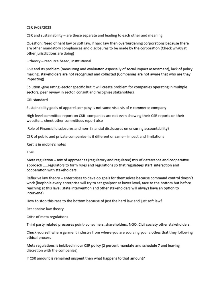 CSR notes | PDF | Corporate Social Responsibility | Sustainability