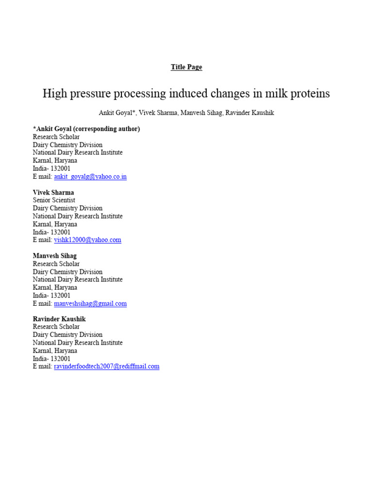 Effect of HHP On Milk Proteins Write Up | PDF