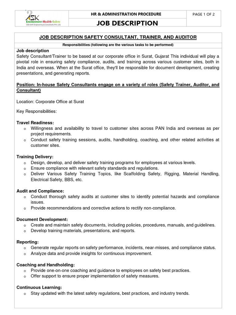 JD Safety Consultant | PDF | Occupational Safety And Health | Regulatory Compliance