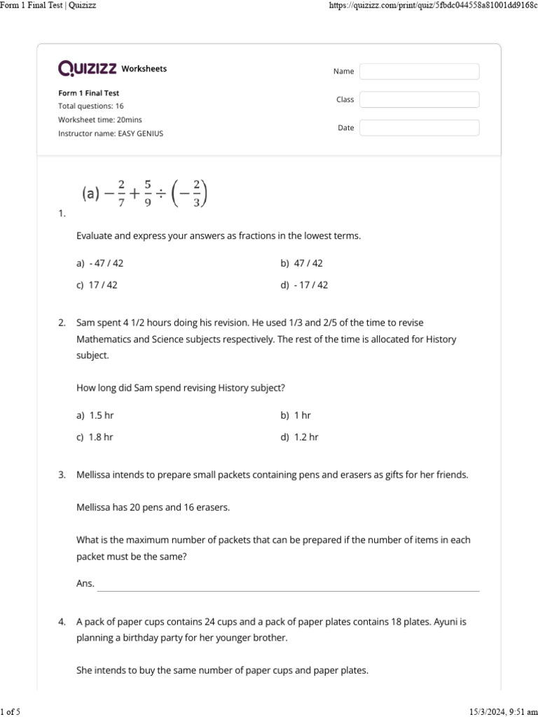 Form 1 Final Test Quizizz | PDF | Ratio | Mathematics