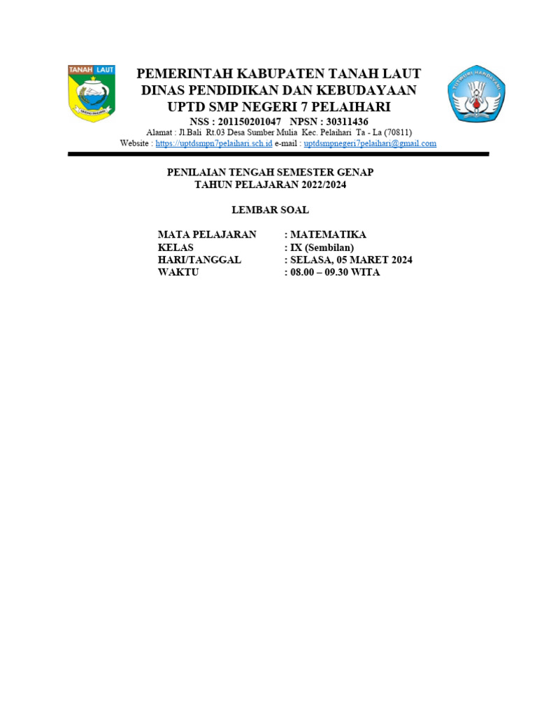 Soal PTS MTK Genap 9 2024 | PDF