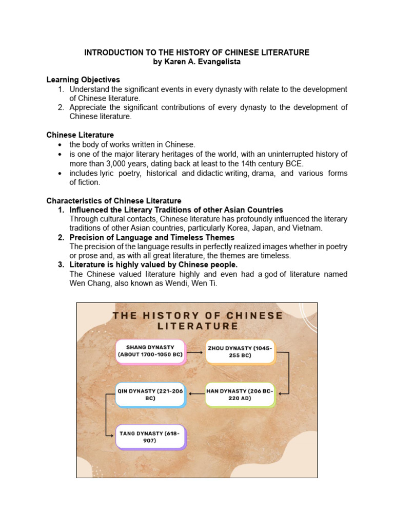 INTRODUCTION TO THE HISTORY OF CHINESE LITERATURE Outline | PDF | Han ...
