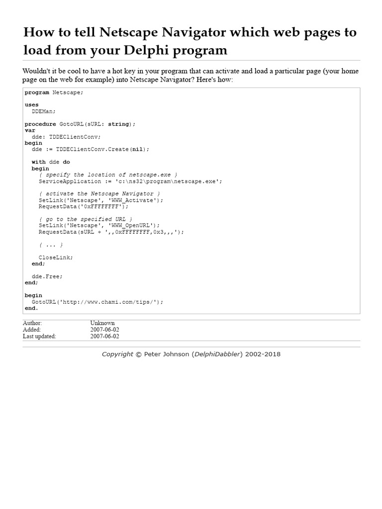 How To Tell Netscape Navigator Which Web Pages To Load From Your Delphi Program | PDF