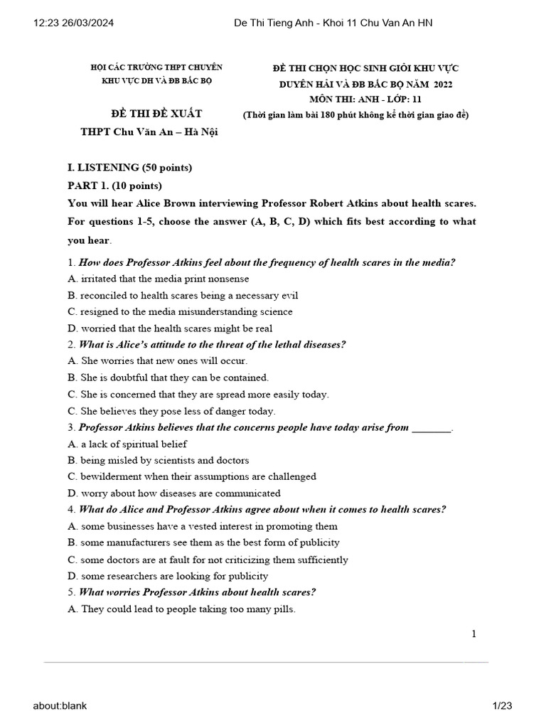 De Thi Tieng Anh - Khoi 11 Chu Van An HN | PDF | Mars | Water