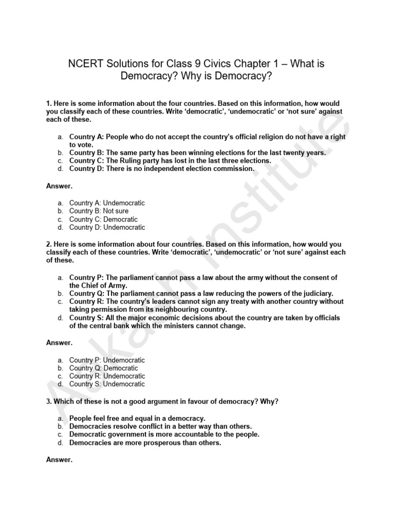 NCERT Solutions For Class 9 Civics Chapter 1 - What Is Democracy Why Is Democracy | PDF ...