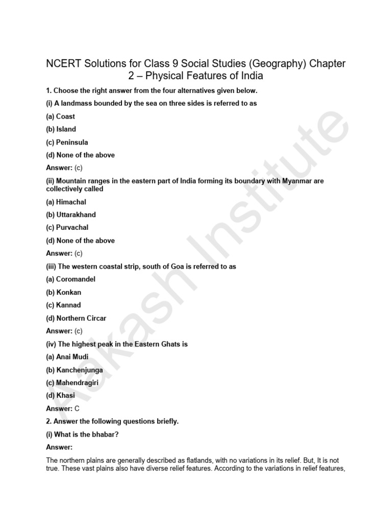NCERT Solutions For Class 9 Social Studies (Geography) Chapter 2 - Physical Features of India ...
