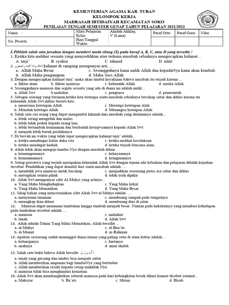 Soal PTS Akidah Akhlak Kelas 5 MI Semester 2 | PDF