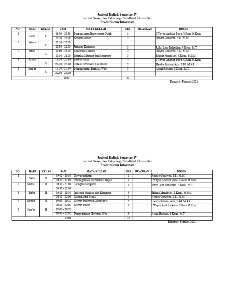 Jadwal Kuliah Semester IV Prodi SI | PDF