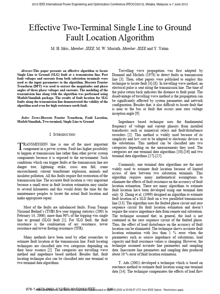 Effective Two Terminal Single Line To Ground Fault Location Algorithm Pdf Electrical