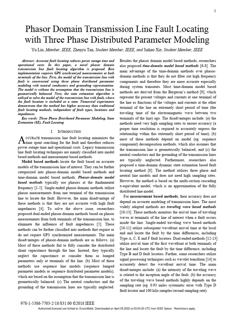 Phasor Domain Transmission Line Fault Locating With Three Phase Distributed Parameter Modeling