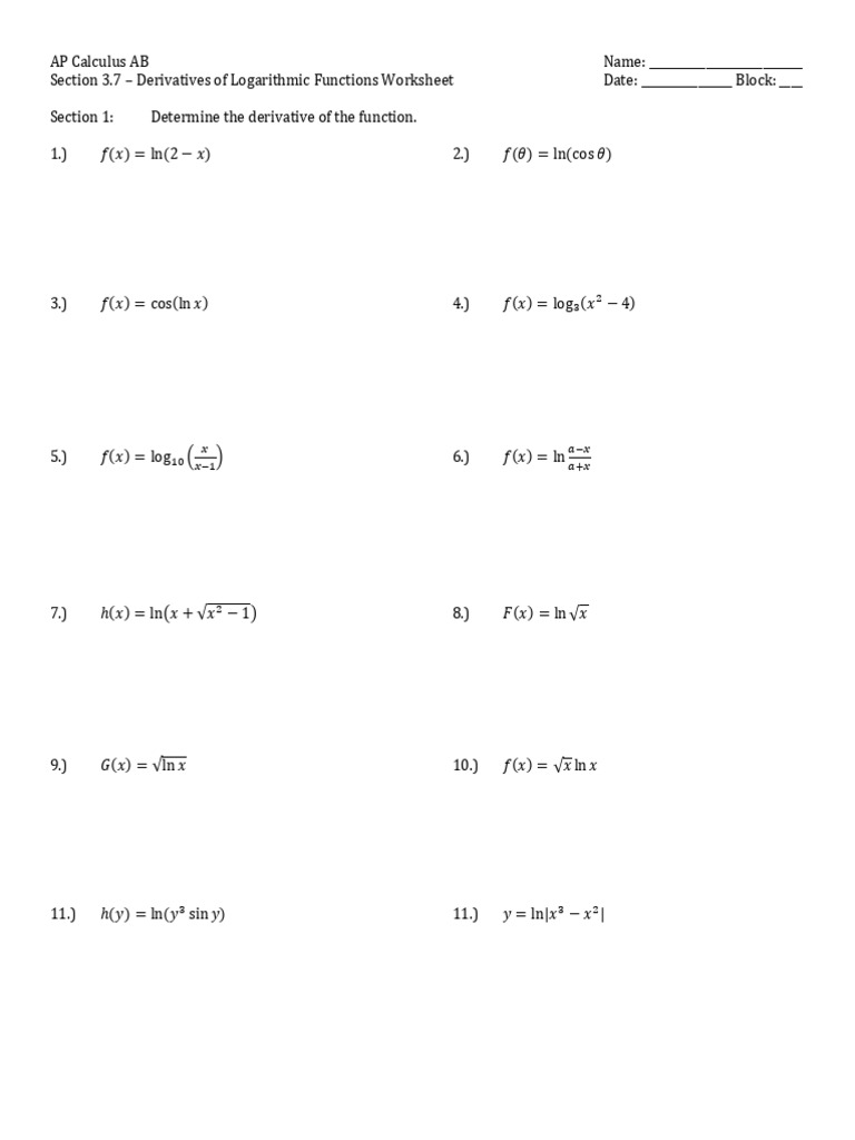 AP AB - Section 3.7 - Derivatives of Logarithmic Functions Worksheet | PDF