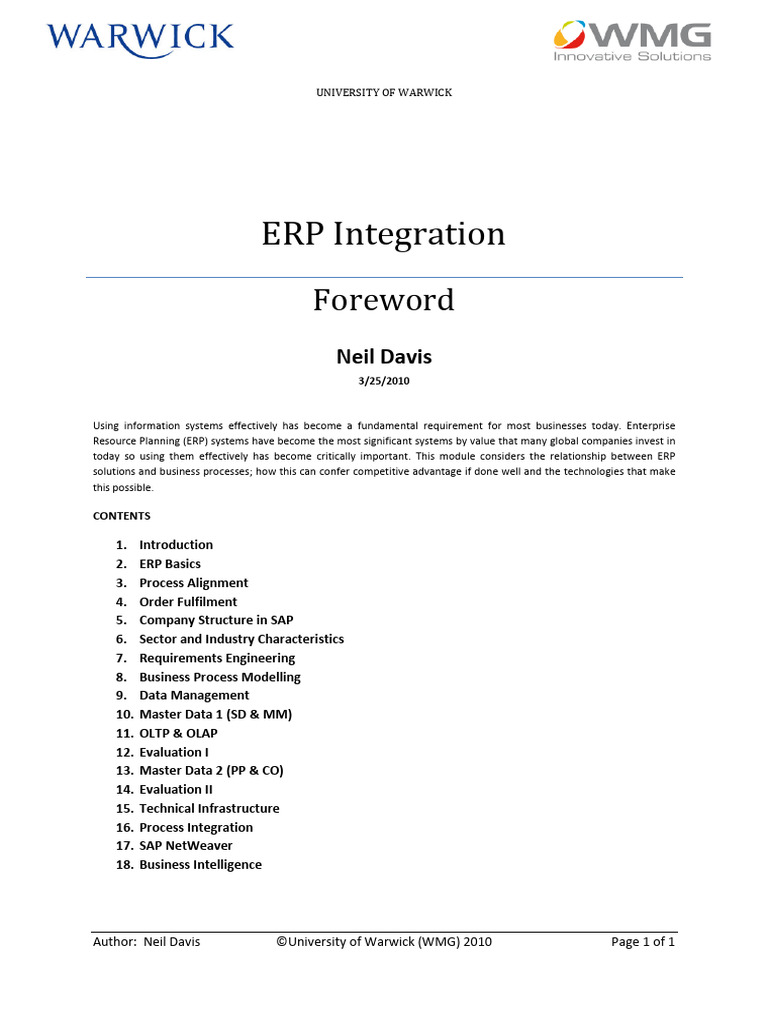 ERP Integration (U of Warwick) | PDF | Enterprise Resource Planning | Information
