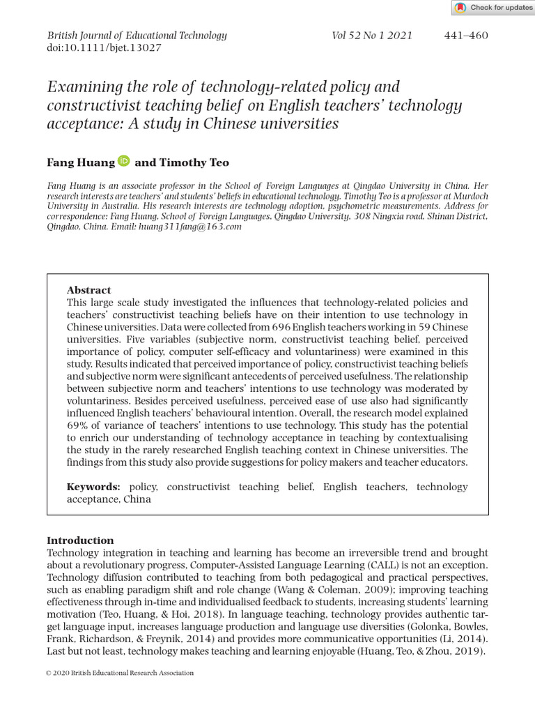 Brit J Educational Tech - 2020 - Huang - Examining The Role of Technology Related Policy and ...