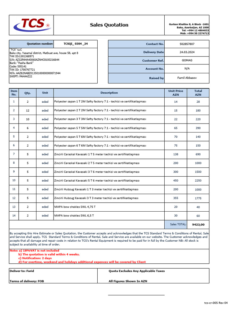 TCSQI - 0304 - 24 - Yük Aksesuarlarının Təchizi VƏ Sertifikatlaşması | PDF