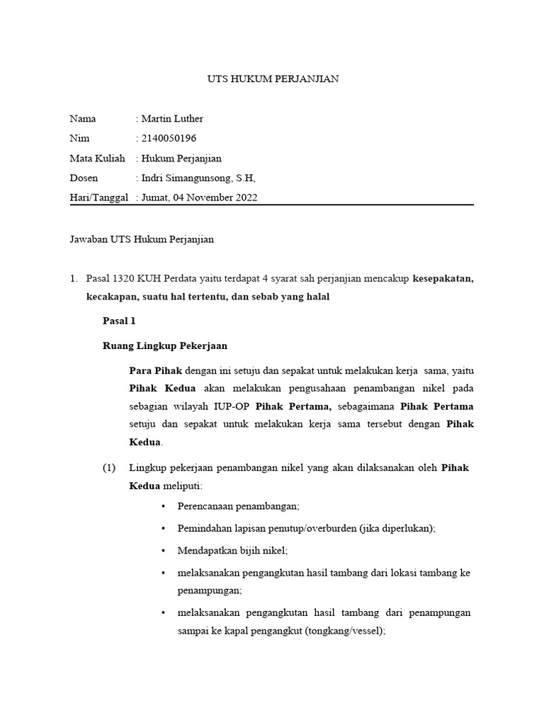UTS Hukum Perjanjian - Martin Luther - 2140050196 | PDF