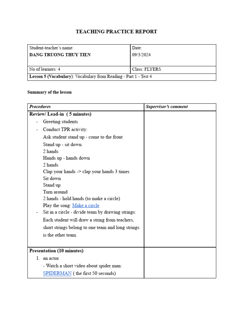 VOCABULARY - TEACHING PRACTICE REPORT (Lesson 6) (F4) | PDF | Learning ...