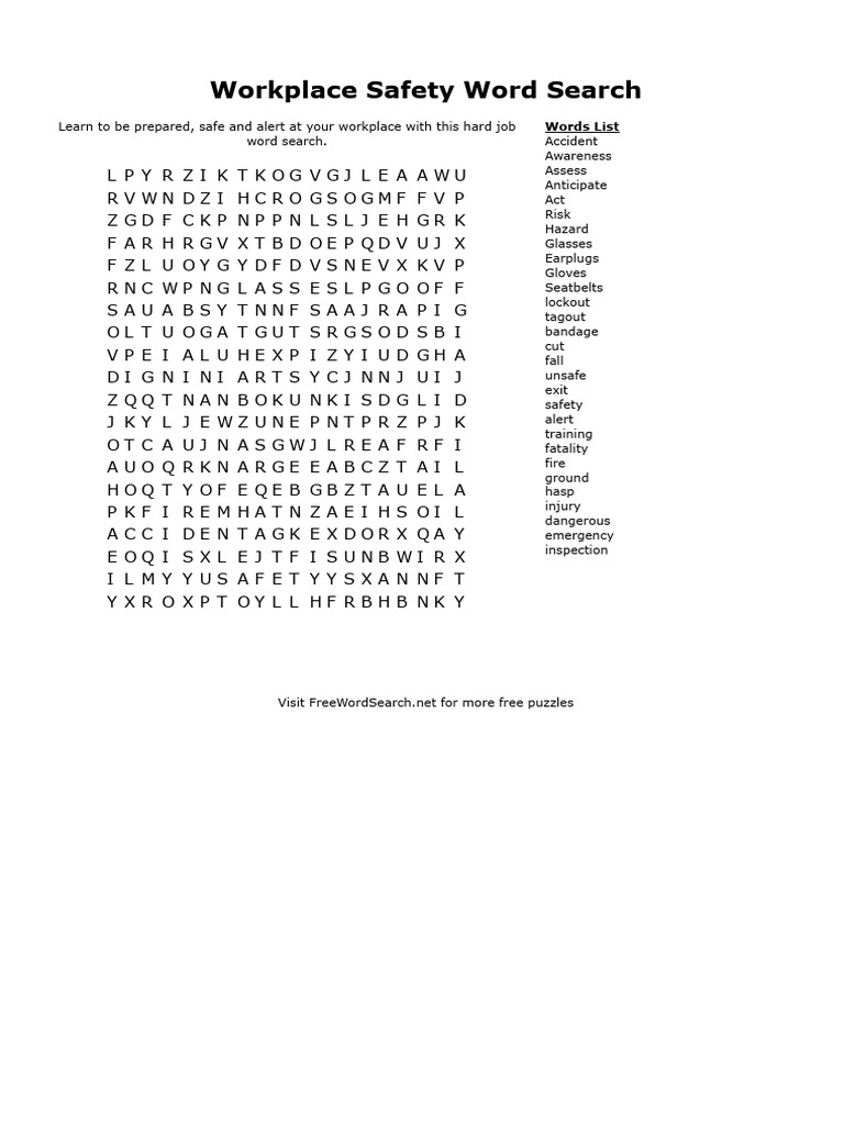 Workplace Safety Word Search Puzzle | PDF | Safety | Working Conditions
