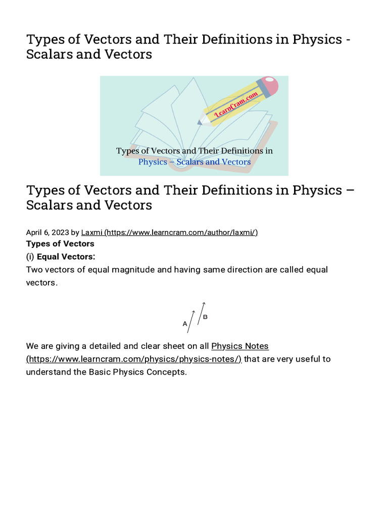 Types of Vectors and Their Definitions in Physics – Scalars and | PDF ...