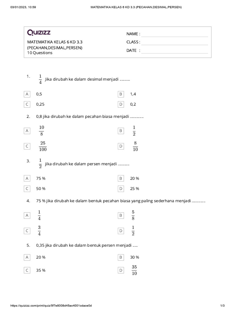 Matematika Kelas 6 KD 3.3 (Pecahan, Desimal, Persen) | PDF