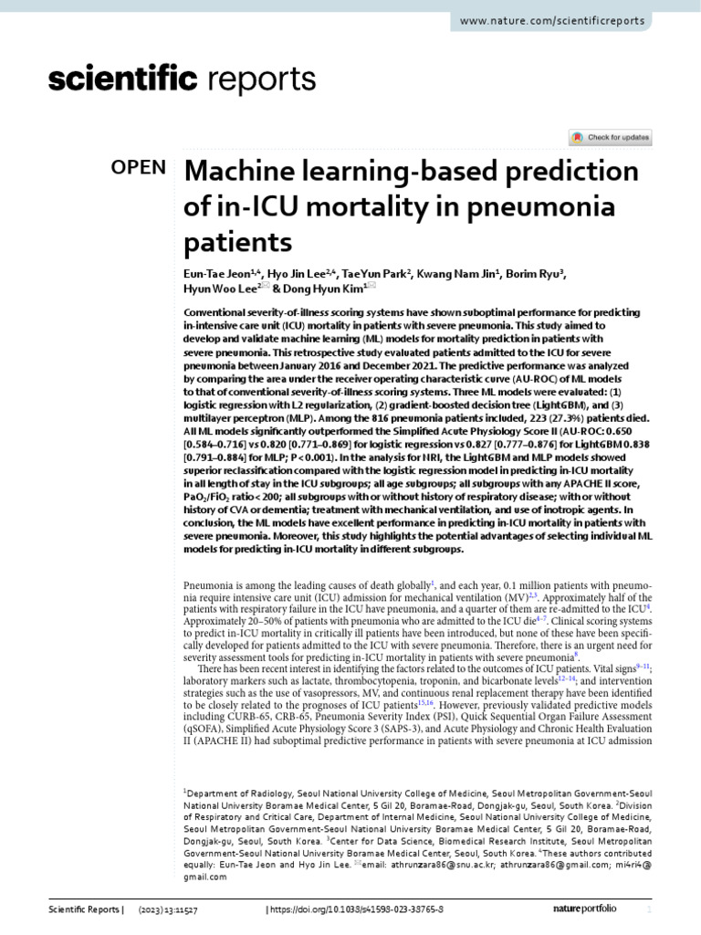 Machine Learning Based Prediction of in ICU Mortality in Pneumonia Patients | PDF | Statistical ...