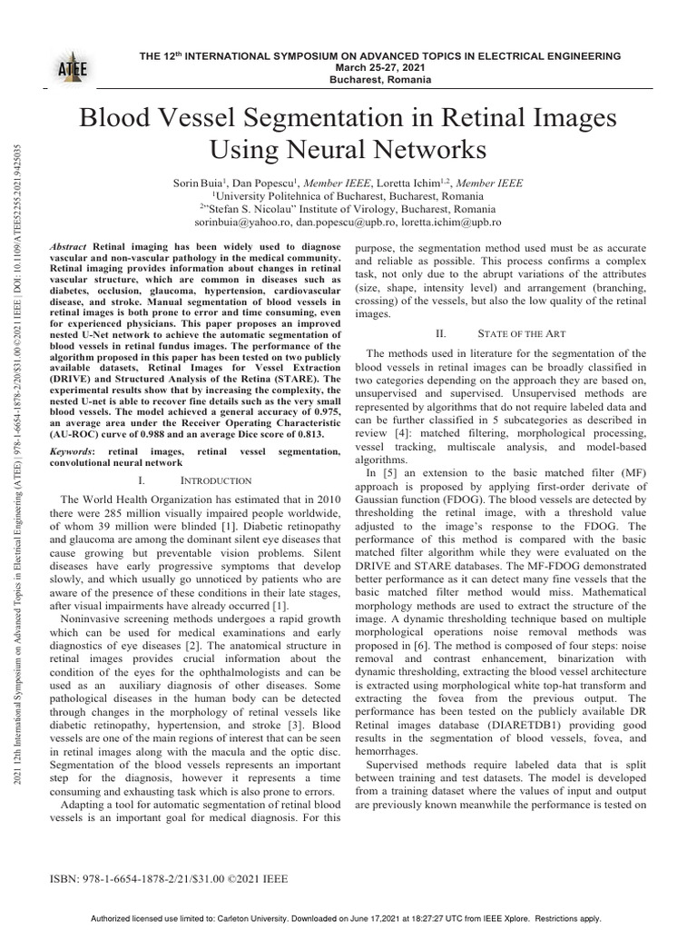 Blood Vessel Segmentation in Retinal Images Using Neural Networks | PDF