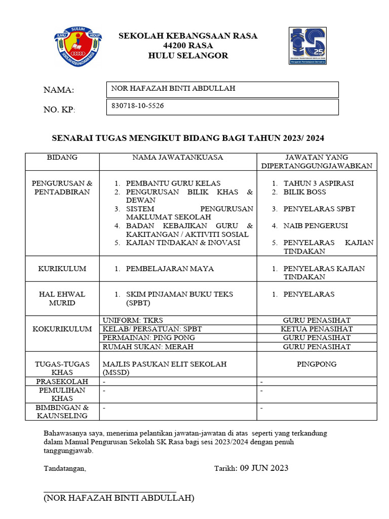 BORANG SENARAI TUGAS GURU 2023 2024 | PDF