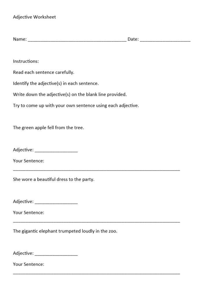 Adjective Identification Worksheet | PDF