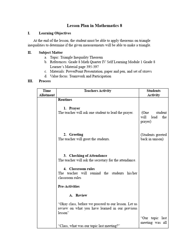 Detailed Lesson Plan in Mathematics 8 | PDF | Triangle | Lesson Plan