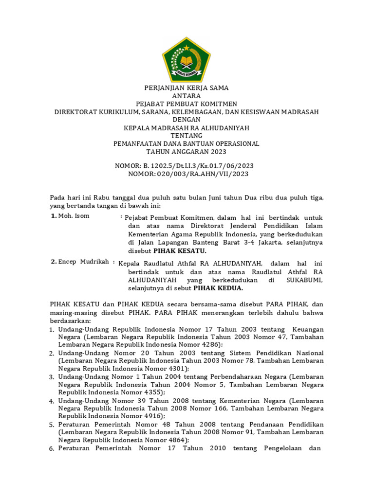 Perjanjian Kerja Sama Tahap 2 2023 | PDF | Pengelolaan Keuangan & Uang | Ilmu Sosial