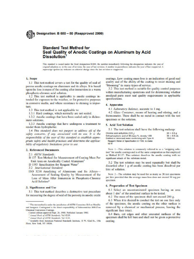 B680 Seal Quality of Anodic Coatings On Aluminum by Acid | PDF