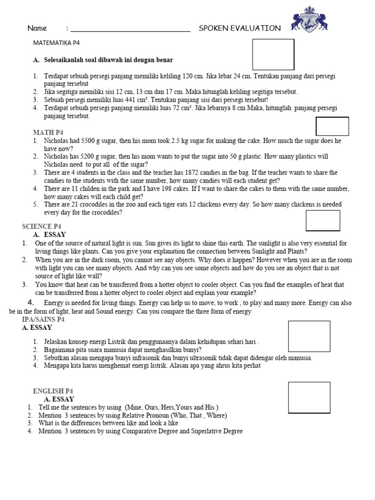 P4 Spoken Evaluation Mid Test March 2024 | PDF