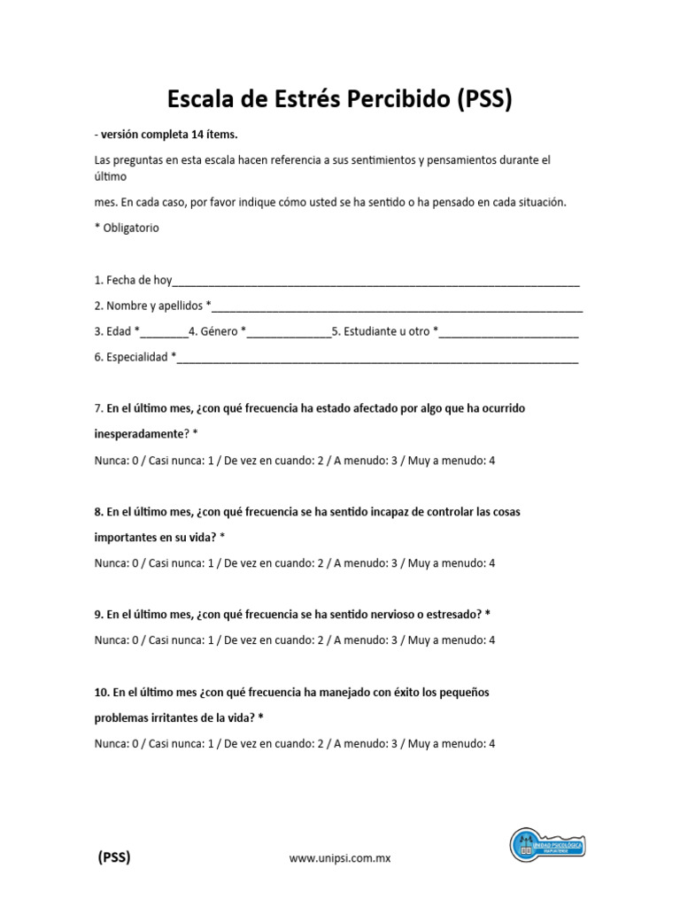 Escala de Estrés Percibido (PSS) | PDF | Sicología | Ciencias del ...