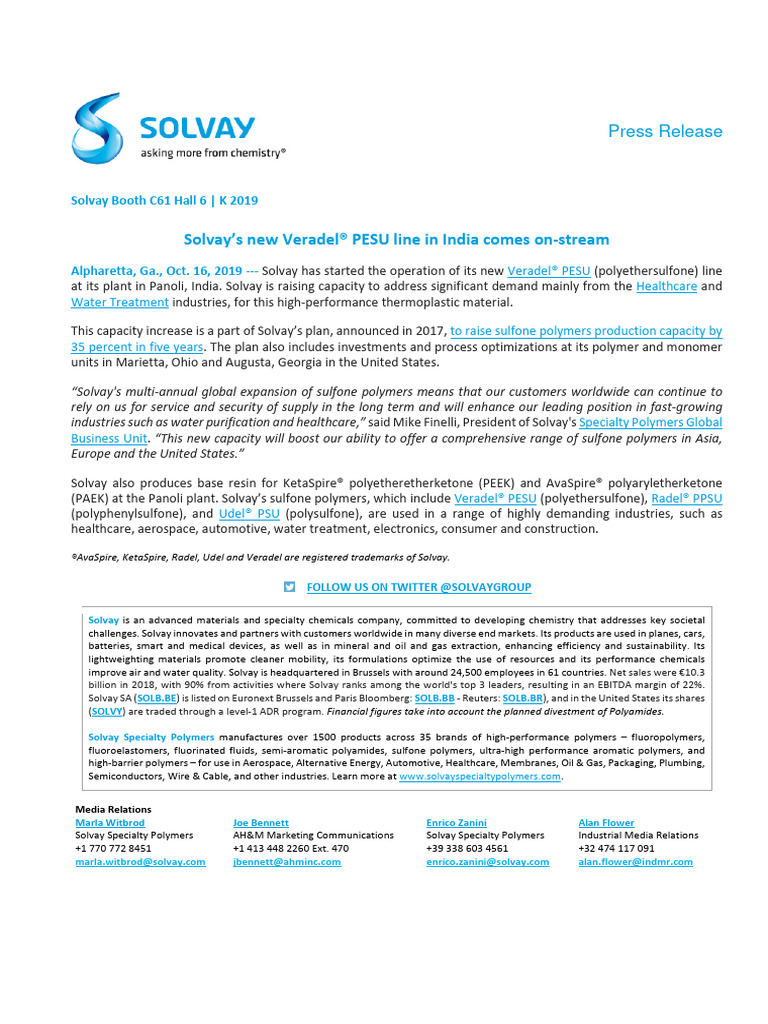 Solvay's New PESU Line in India Comes On Stream - EN | PDF | Chemical Substances | Materials