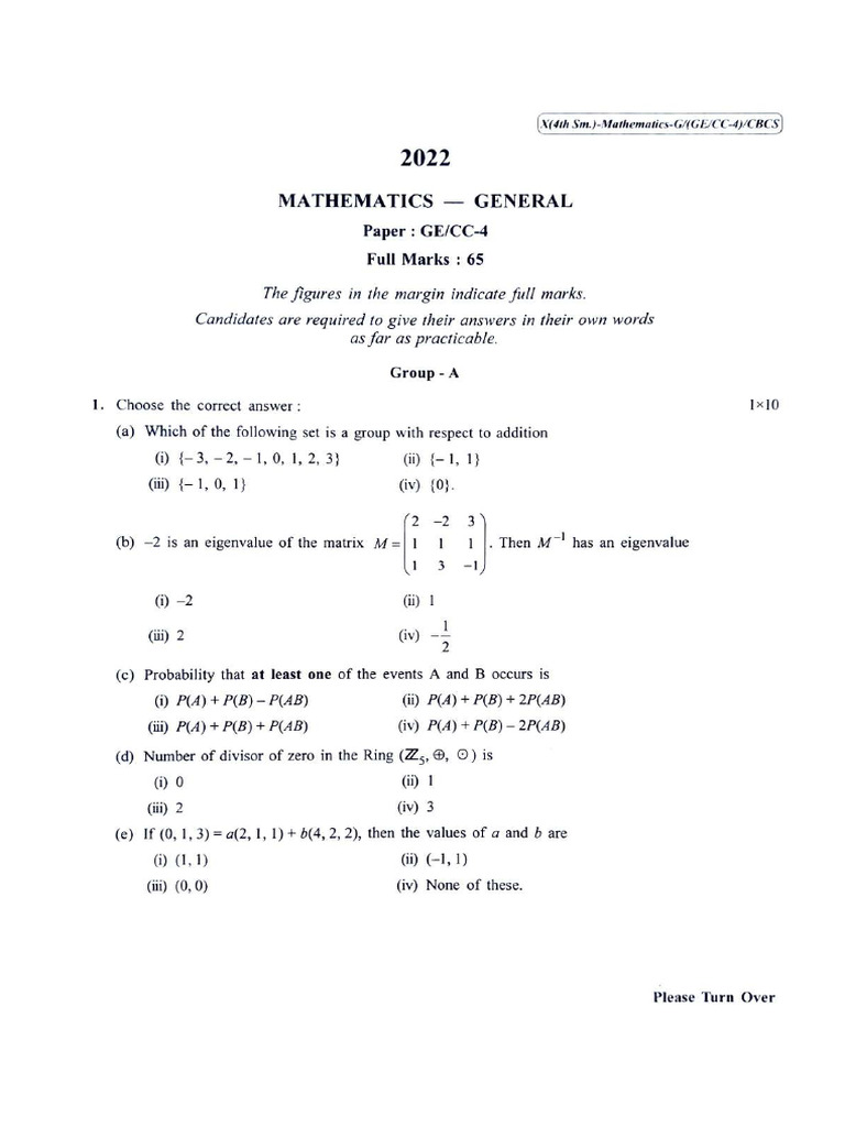 CU-2022 B.sc. (General) Mathematics Semester-4 Paper-CC4-GE4 QP | PDF ...