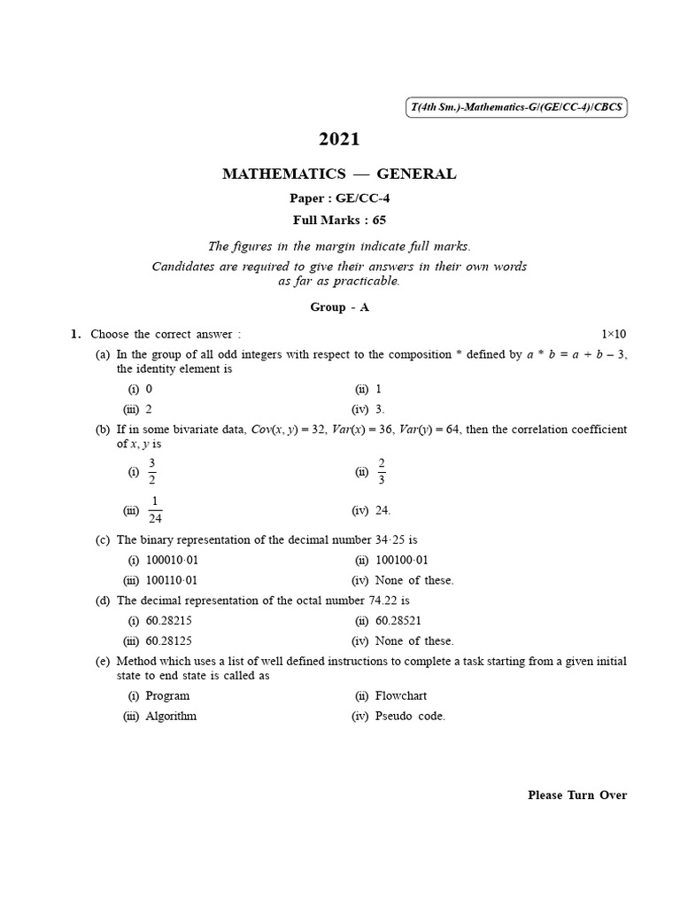 CU-2021 B.sc. (General) Mathematics Semester-IV Paper-CC4-GE4 QP | PDF ...