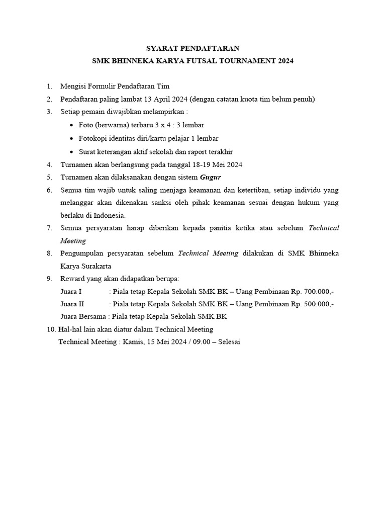 Syarat Pendaftaran Tim Futsal 2024 | PDF