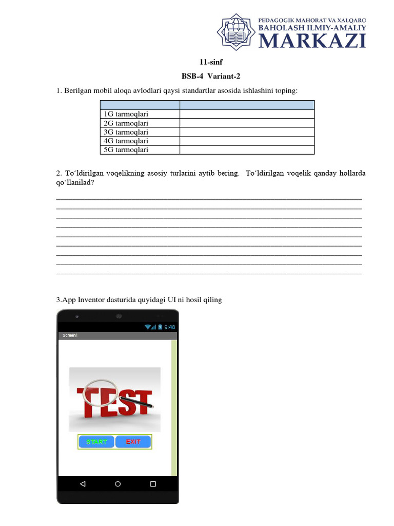 11-Sinf III Chorak 4-BSB Informatika Ixtisos II Variant | PDF