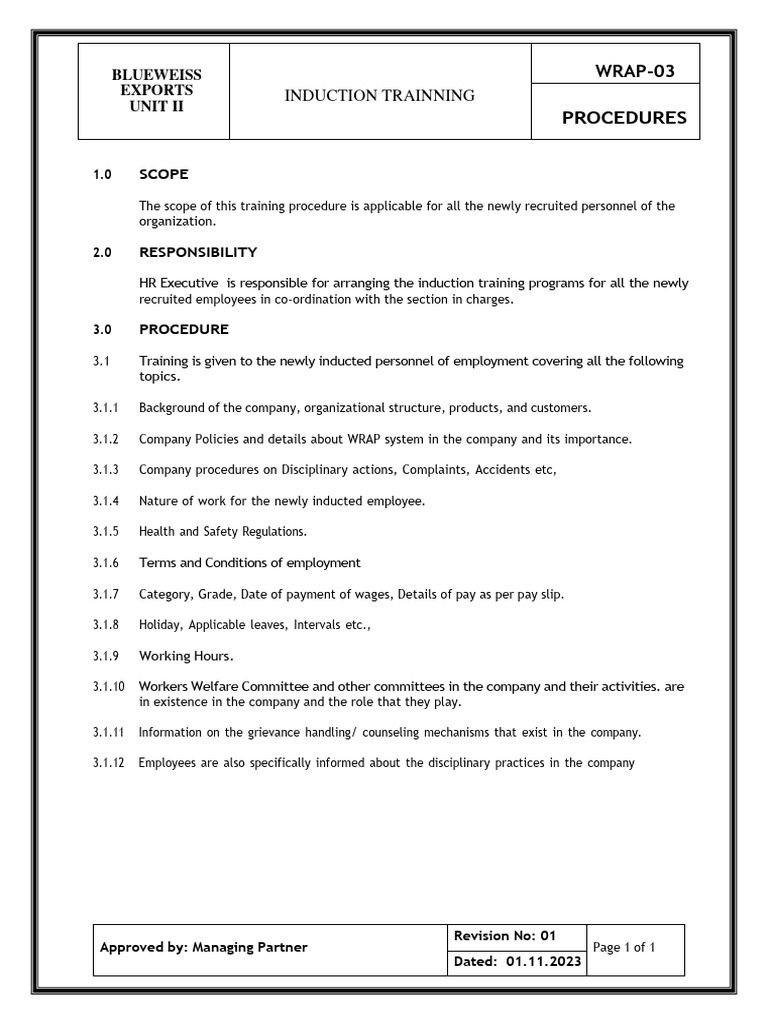BWEx WRAP 03 Induction Training Procedures | PDF